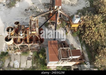 Aerial photographic documentation of an old abandoned cement factory ...