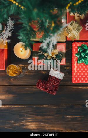 Christmas background frame with a gift present boxes, fir pine and ...