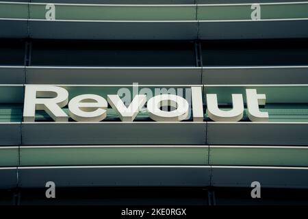 Revolut company logo signboard on modern office building in Vilnius ...