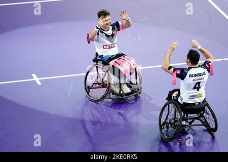 England's Sebastien Bechara celebrates a try during the Wheelchair ...