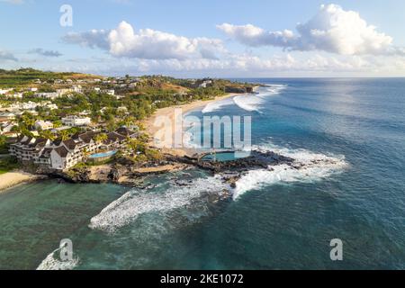 An aerial view of Boucan-Canot beach in the west of Reunion Island on a ...
