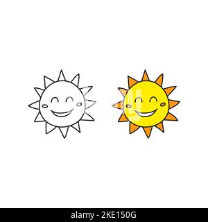 Doodle outline and colored happy smiley sun icons isolated on white ...
