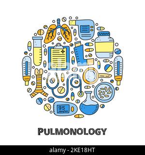 Poster with doodle colored pulmonology items, including lungs, trachea ...