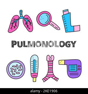 Poster with lettering and doodle colored pneumonia icons including ...
