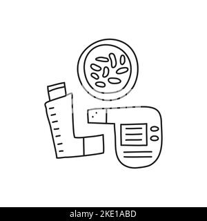 Doodle outline lungs, pocket inhaler and spirometer isolated on white ...