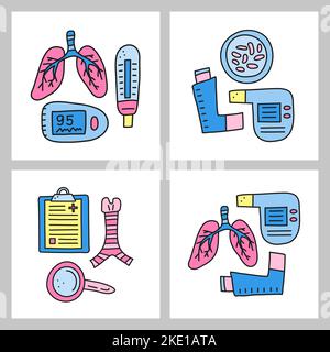 Doodle colored pulmonology items, including lungs, trachea, spirometer ...