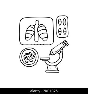 Group of doodle outline pneumonia icons including alveoli, pills ...