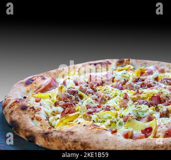 Pizza with corn, bacon, chili, onion, pea Stock Photo - Alamy