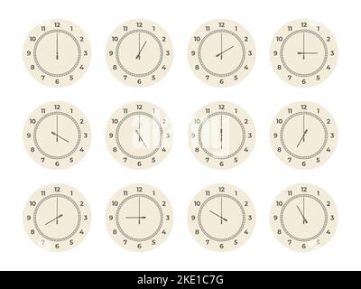 Set of wall clock faces with numbers and hands. Black and white ...