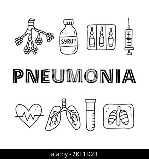 Poster with lettering and doodle outline pneumonia icons including ...