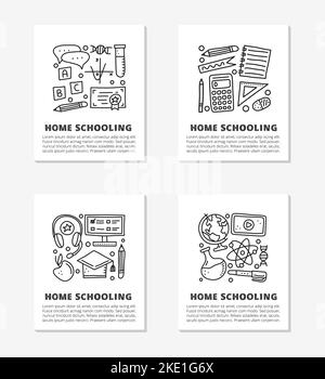Cards with lettering and doodle outline education, e-learning icons ...