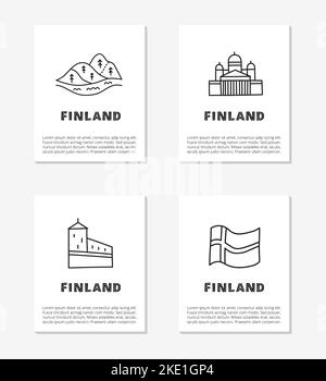 Doodle outline Finland icons including Helsinki Cathedral, deer, lake ...