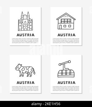 Doodle outline Austria icons including Vienna Cathedral, train, chalet ...