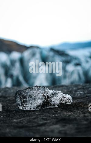 A vertical of the Solheimajokull outlet glacier and a lake in Iceland ...