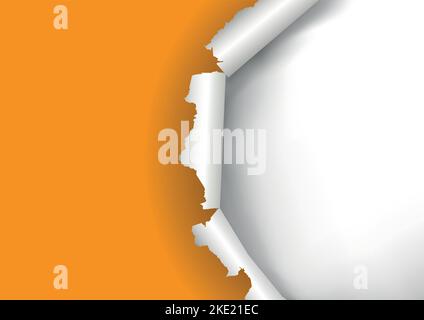 Torn hole and ripped of orange paper sheet isolated on a transparent ...