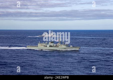The French frigate FS Chevalier Paul (D 621) steams in the Atlantic Ocean in formation with the ...