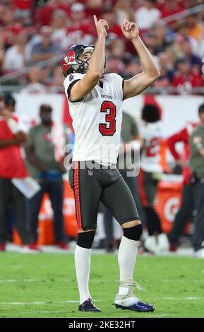 Tampa Bay Buccaneers place kicker Chase McLaughlin (4) kicks a field goal during the first half ...