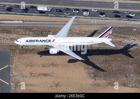 Air France Boeing 77W plane from above. Airplane of french airline and ...