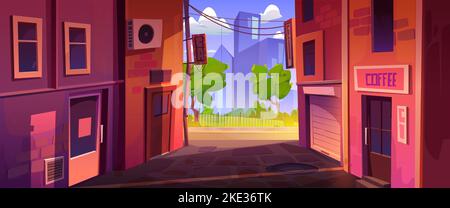 Empty back alley and city street with houses at sunset. Town landscape ...