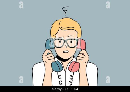 Cartoon man talking on landline phone and surprised, vector ...