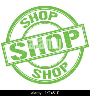 SHOP text written on green rectangle stamp sign Stock Photo - Alamy