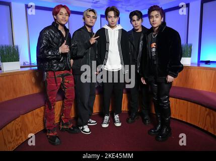 (L-R) P-Pop group SB19 - Ken, Pablo, Justin, Stell and Josh visits the Kumu Studios in Los ...