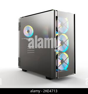 A photorealistic 3D render of a gaming PC case with colorful glowing ...