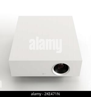 A photorealistic 3D render of a bulky white square projector under ...