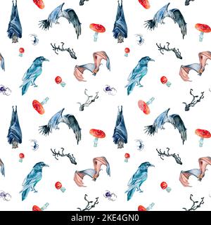Fly agaric mushroom and bat, crow watercolor seamless pattern isolated ...