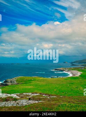 Wild rugged windswept remote Atlantic coast of the Inishowen Peninsula ...