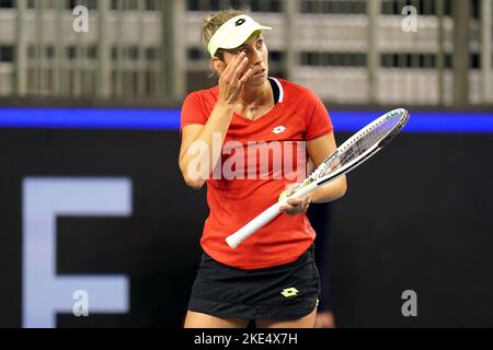 Elise Mertens of Belgium in action during the first round of the 2023 ...