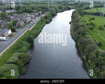 An aerial view of a meander of the River Mersey in Warrington, Cheshire ...