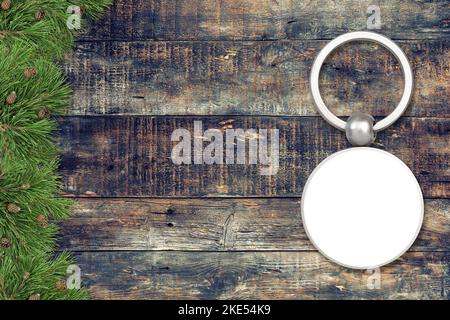 Keychain mockup Christmas decoration. Key chain wooden background Stock ...