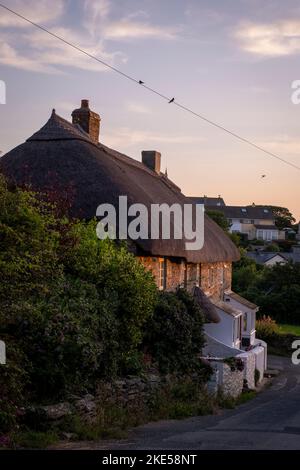 Sunset in East Prawle, Summer. Old thatched cottages, and Telegraph ...