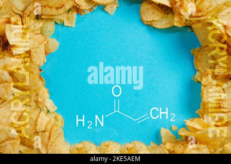 Acrylamide in food. Chips snack food and chemical formula of acrylamide ...