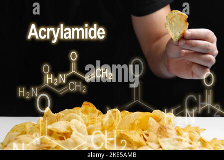 Acrylamide in food. Chips snack food and chemical formula of acrylamide ...