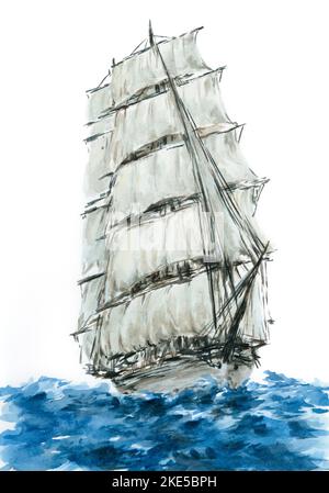 Ship-rigged frigate on sea. Watercolor on paper Stock Photo - Alamy