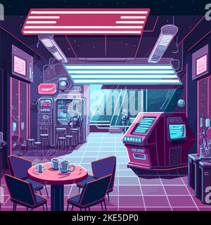 A colourful illustration of a futuristic cyberpunk cafe Stock Vector ...