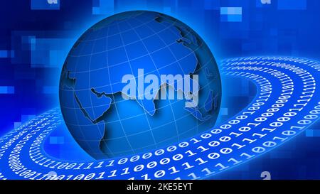 Binary Code circles around earth on background as stylized world map made of blue square ...
