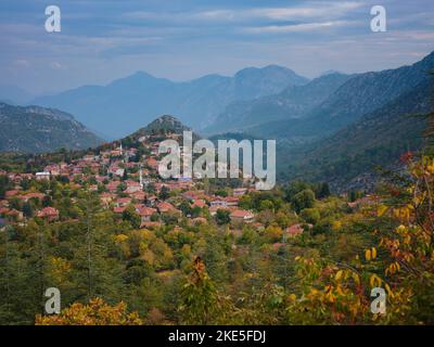 Aerial photo of town of Ormana Ibradi Antalya Turkey in autumn sunny ...