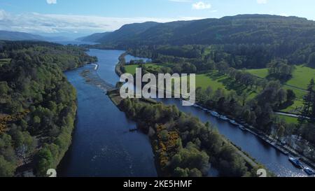 Aerial view of the Caledonian Canal and River Oich at Fort Augustus on ...
