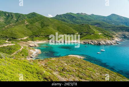 Panoramic view with the beautiful Plage d'Aliso, near Morsiglia, in ...