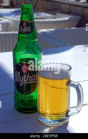 Mythos Beer, bottle; glass; cool drink; beverage; alcohol, dew drops ...