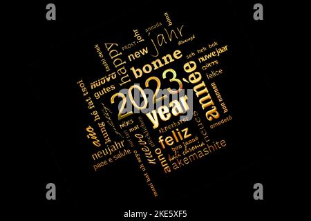 2023 new year multilingual golden text word cloud greeting card on black background Stock Photo ...