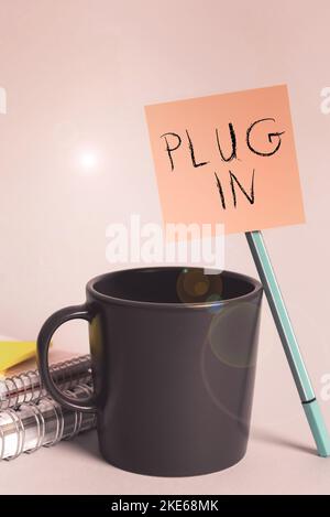 Inspiration showing sign Plug In. Business showcase putting device into ...