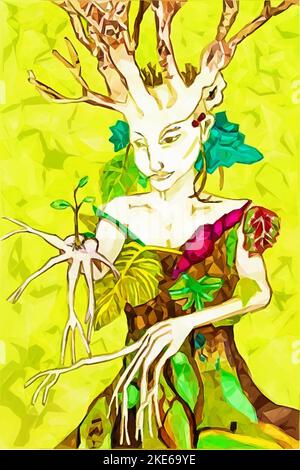 A magical creature consisting of a woman and a tree. A new tree grows ...