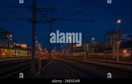 Linz railway station in color autumn evening after nice sunset Stock ...