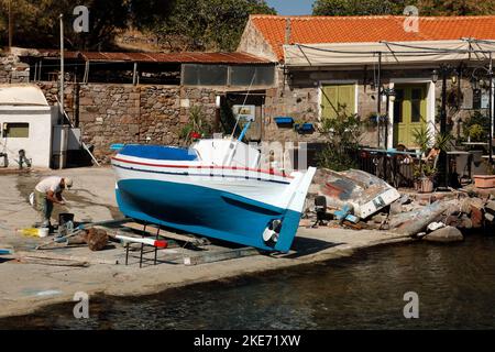 Molyvos Harbour scenes with boats, and boatyard, Lesbos, Northern ...