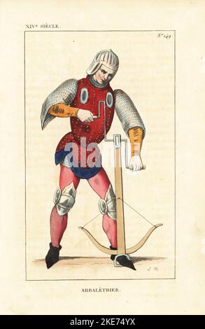 French crossbowman winding a crossbow, 14th century. In capelline ...