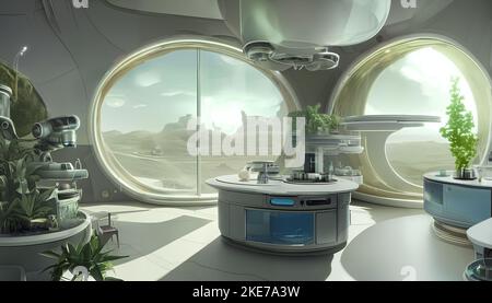 futuristic kitchen, sci-fi room looking out to an unusual landscape ...